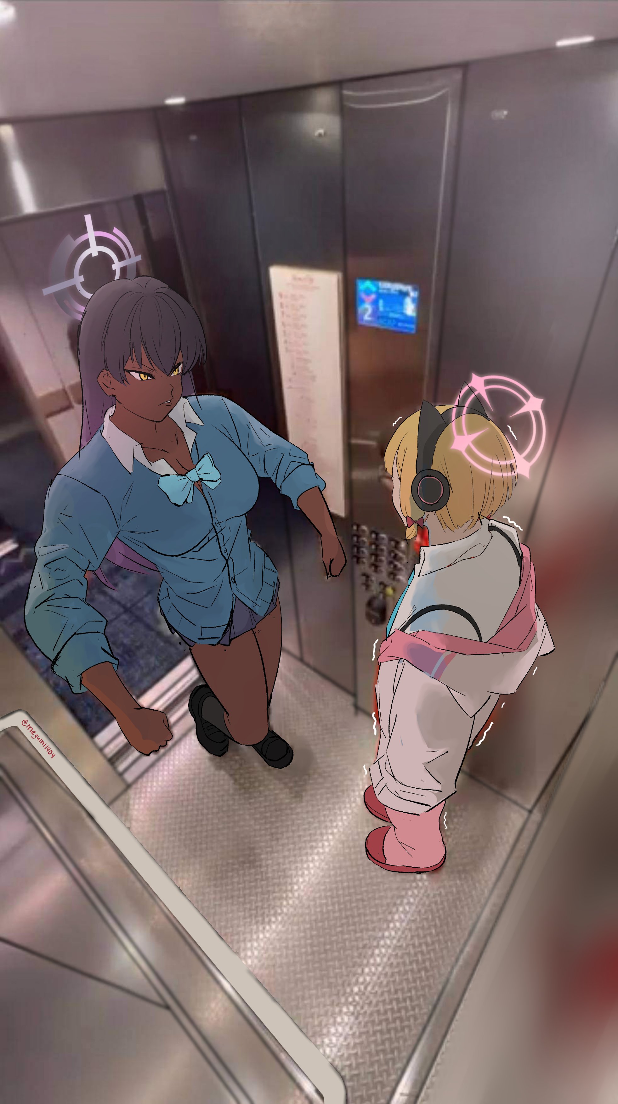 Safebooru - 2girls absurdres animal ear headphones animal ears aqua bow aqua shirt aqua sweater ...