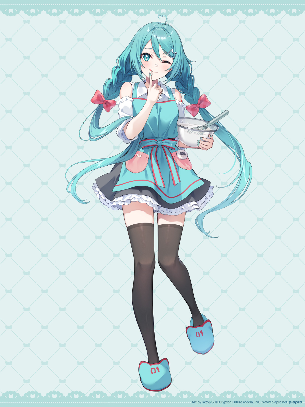 Safebooru - 1girl ;q ahoge aqua apron aqua background aqua hair aqua nails artist name black ...