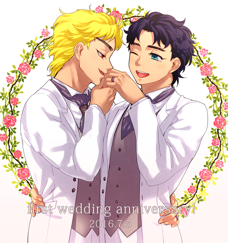 Safebooru - 2boys arm around waist black hair blonde hair dated dio ...
