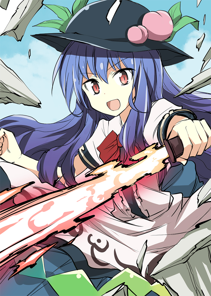 Safebooru - 1girl blue hair bow food fruit hat hinanawi tenshi long ...