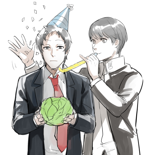 Safebooru - 2boys adachi tooru cabbage confetti hat magatsumagic ...