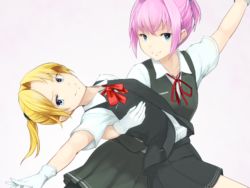 Safebooru - 2girls arm up bangs black skirt blonde hair blouse blue ...