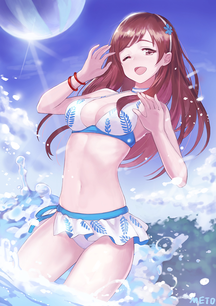 Safebooru - 1girl ;d ball beachball bikini breasts brown eyes brown hair cleavage hairband ...