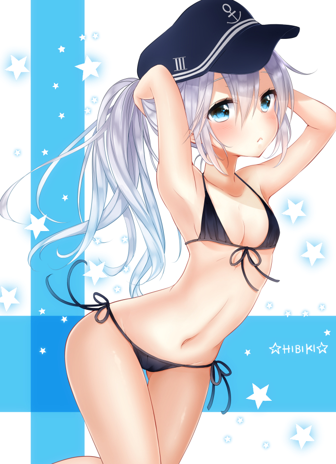 Safebooru - 1girl anchor symbol bikini blue eyes breasts flat cap hat hibiki (kantai collection ...