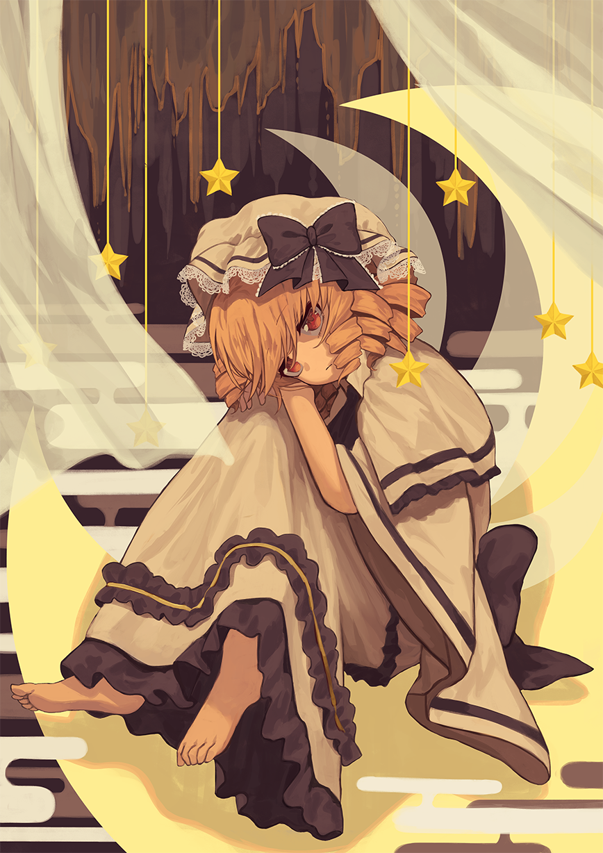Safebooru 1girl Barefoot Berabou Blonde Hair Capelet Crescent Dress 2906