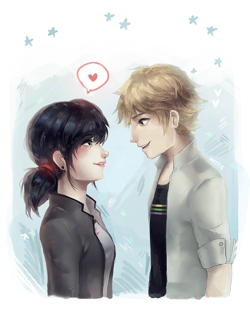 Safebooru - 1boy 1girl adrien agreste black hair blonde hair blue eyes earrings heart jewelry ...