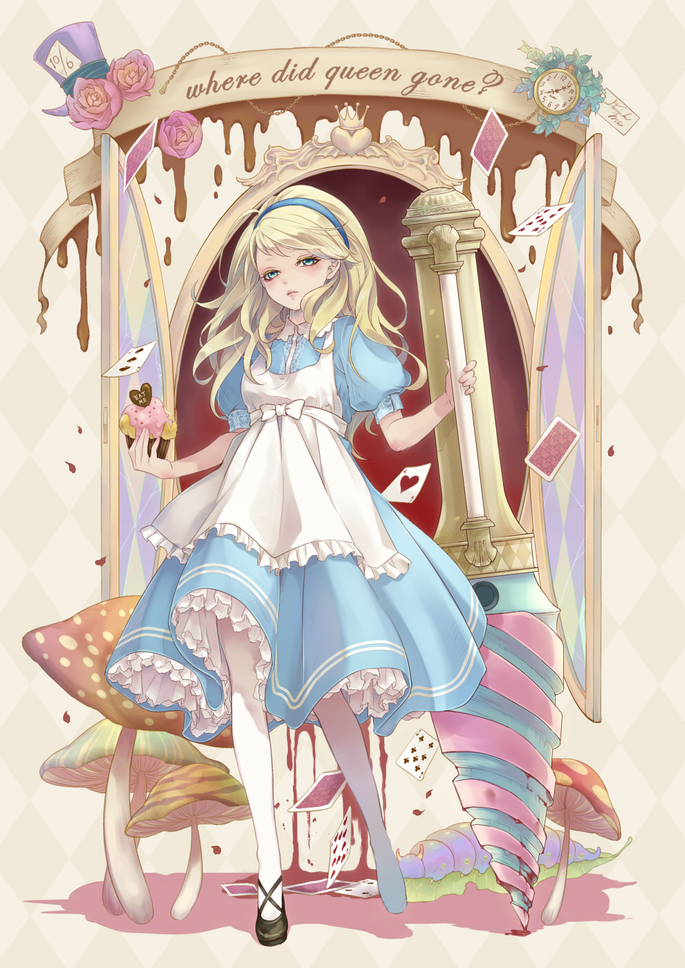 Safebooru - 1girl ? alice (wonderland) alice in wonderland apron bangs beige background blonde ...