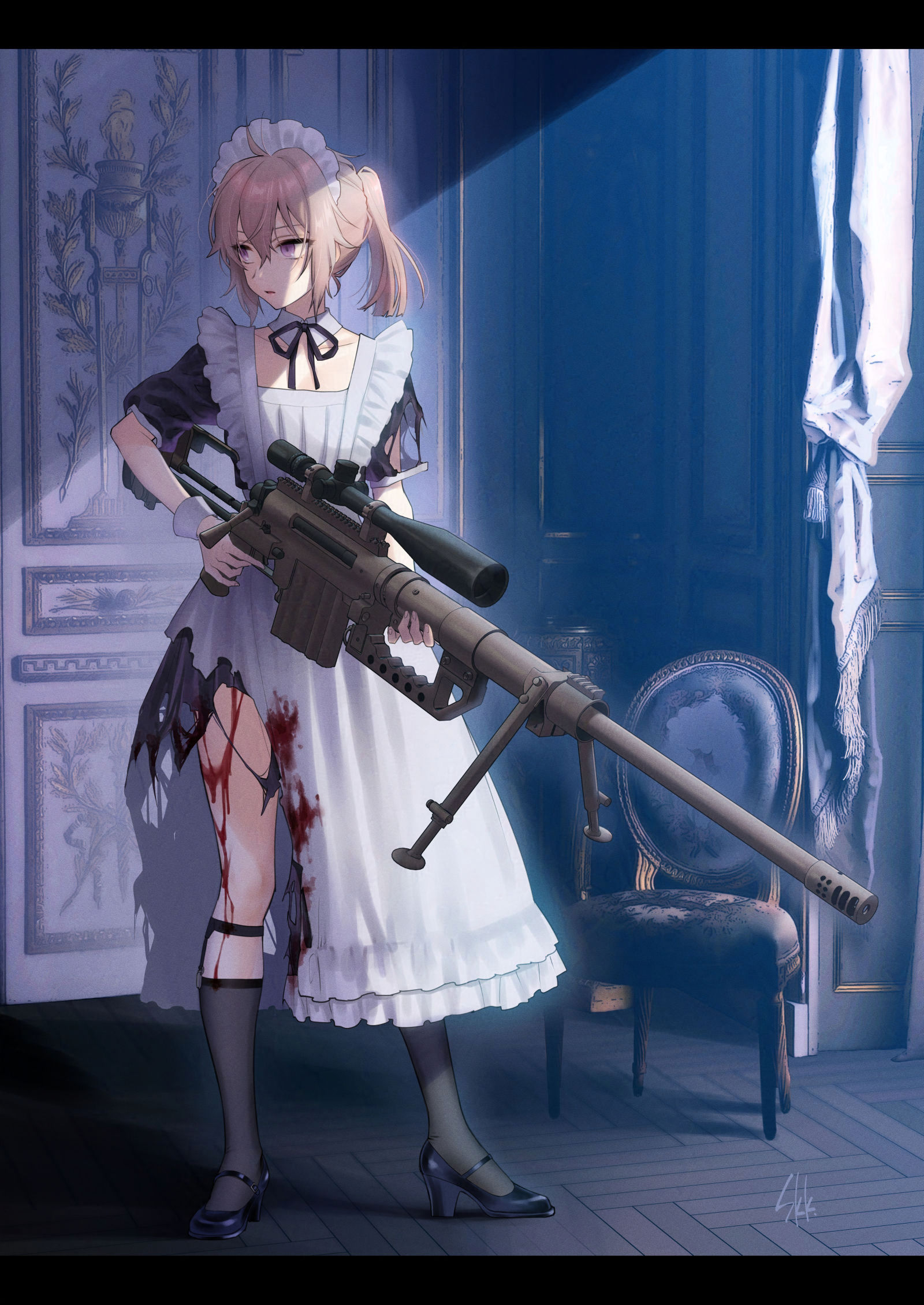 Safebooru - 1girl apron black bow black dress black socks bleeding ...