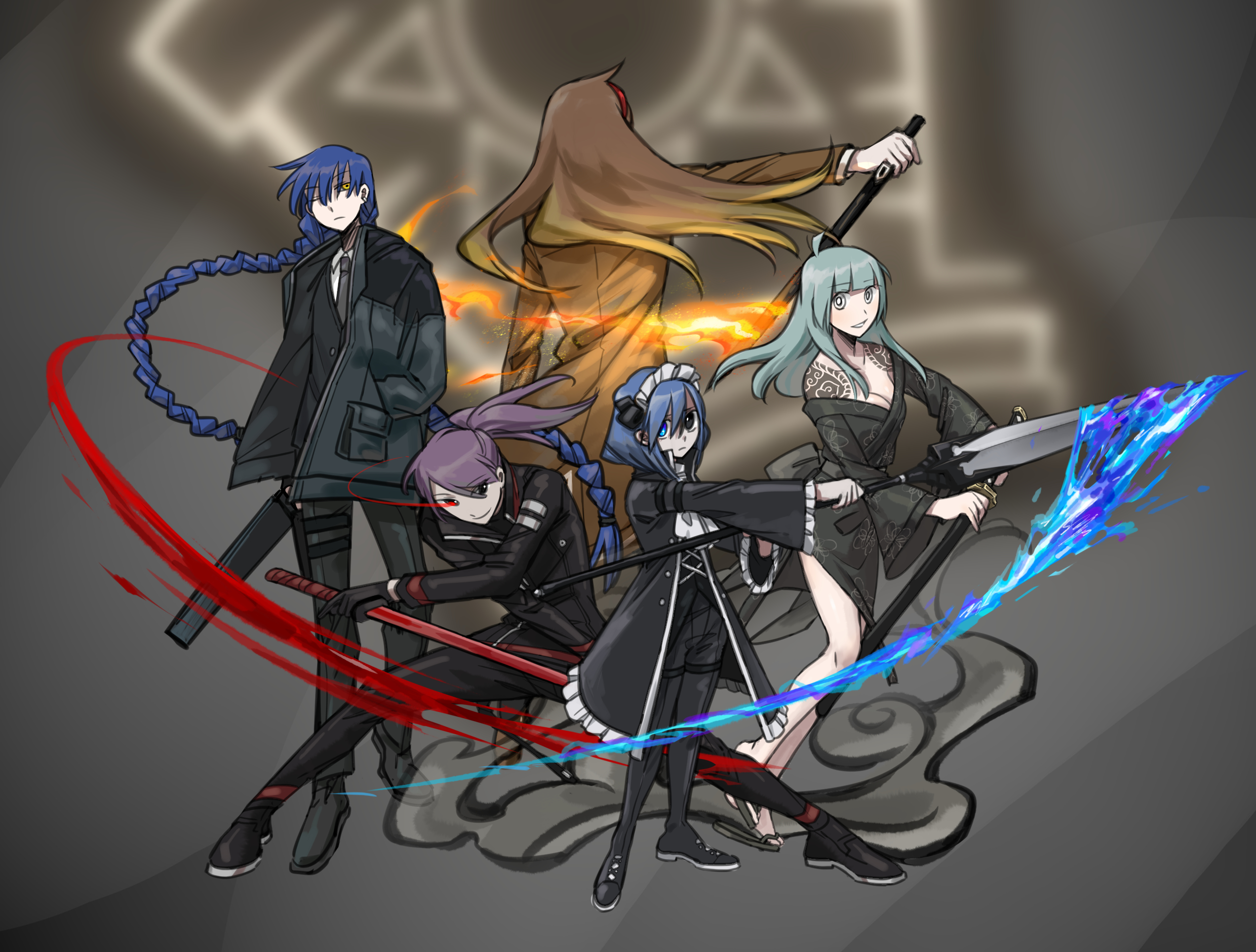 Safebooru - 2boys 3girls ahoge black bow black jacket black pants black ...