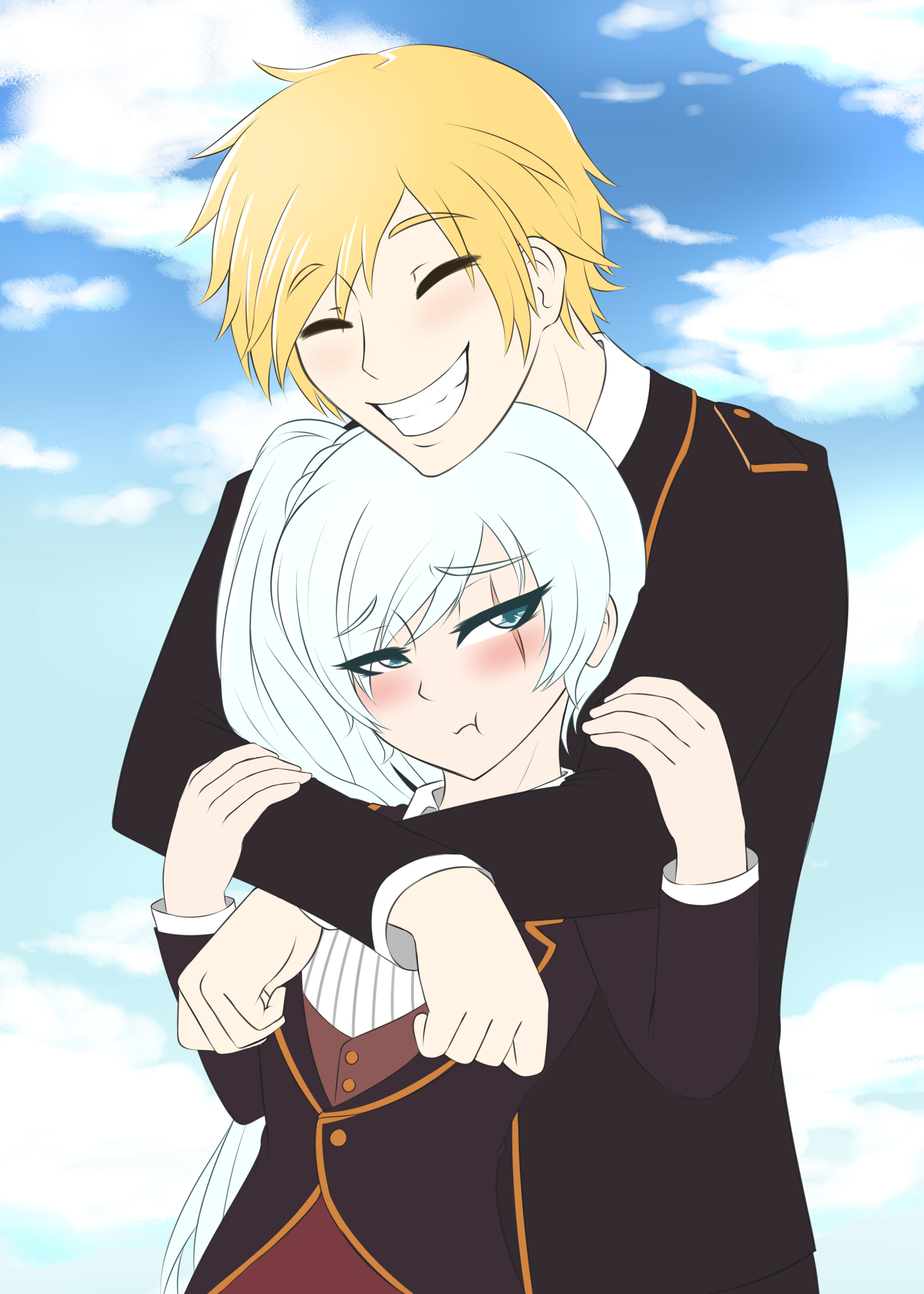 Safebooru - 1boy 1girl blonde hair blue eyes blush closed eyes clouds ...