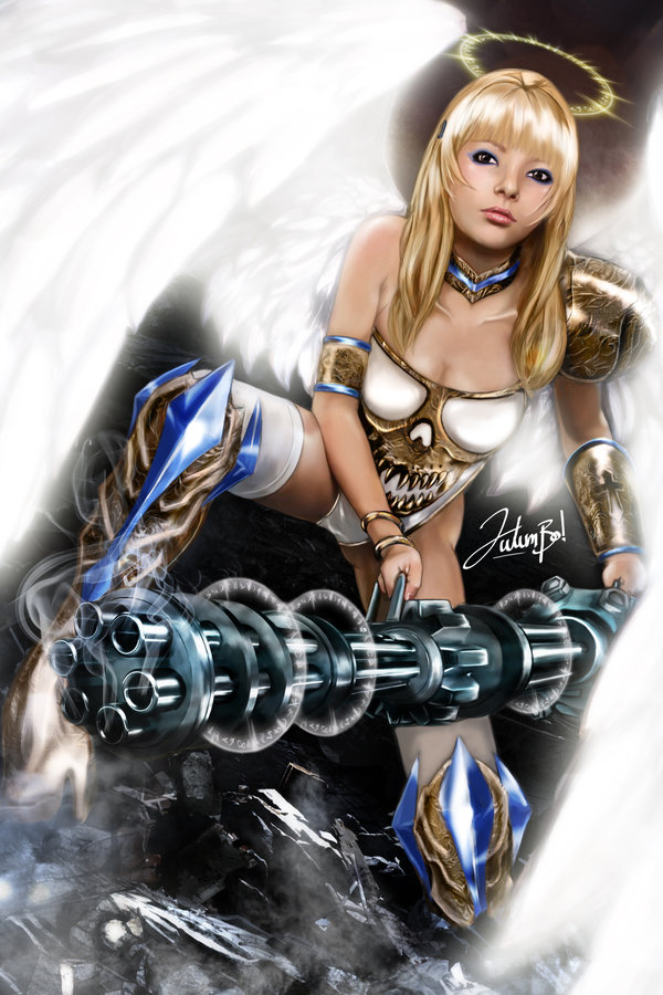 Safebooru - 1girl angel angel wings armor blonde hair boots futumbo gatling gun gun halo minigun ...