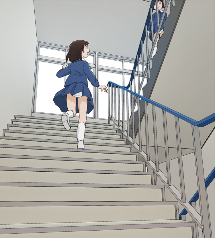 Safebooru - 2girls blue skirt child from behind from below kiyo ...