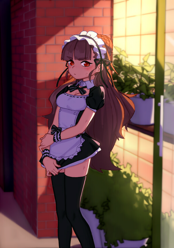 Safebooru - 1girl alternate costume bangs black legwear blunt bangs blush breasts brown hair ...