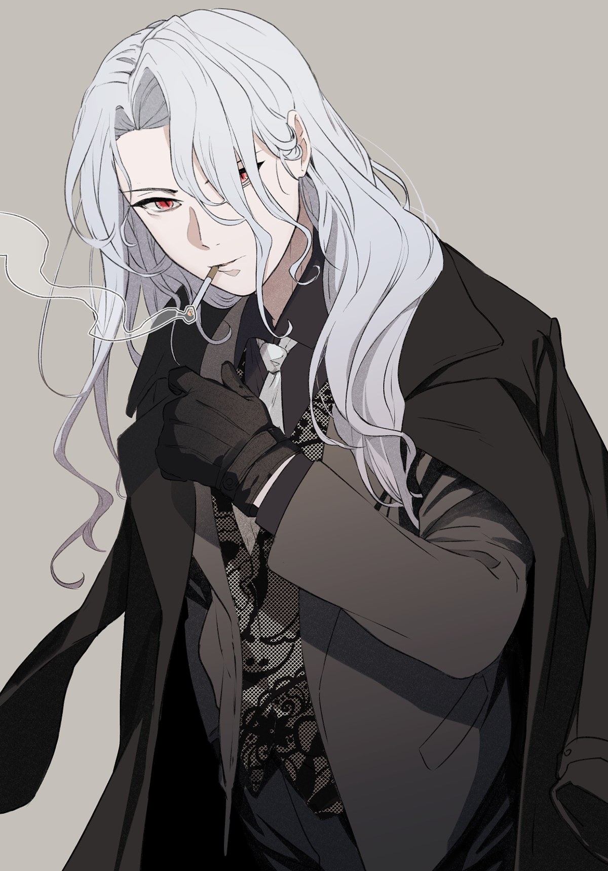 Safebooru - 1boy black coat black gloves black shirt brown jacket cigarette coat collared shirt ...