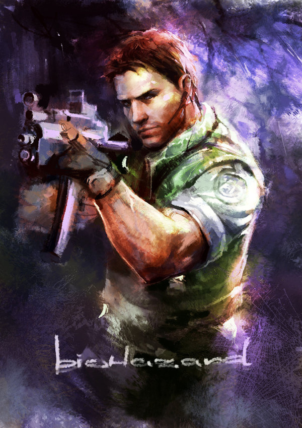 Safebooru - capcom chris redfield gloves gun headset machine gun male ...