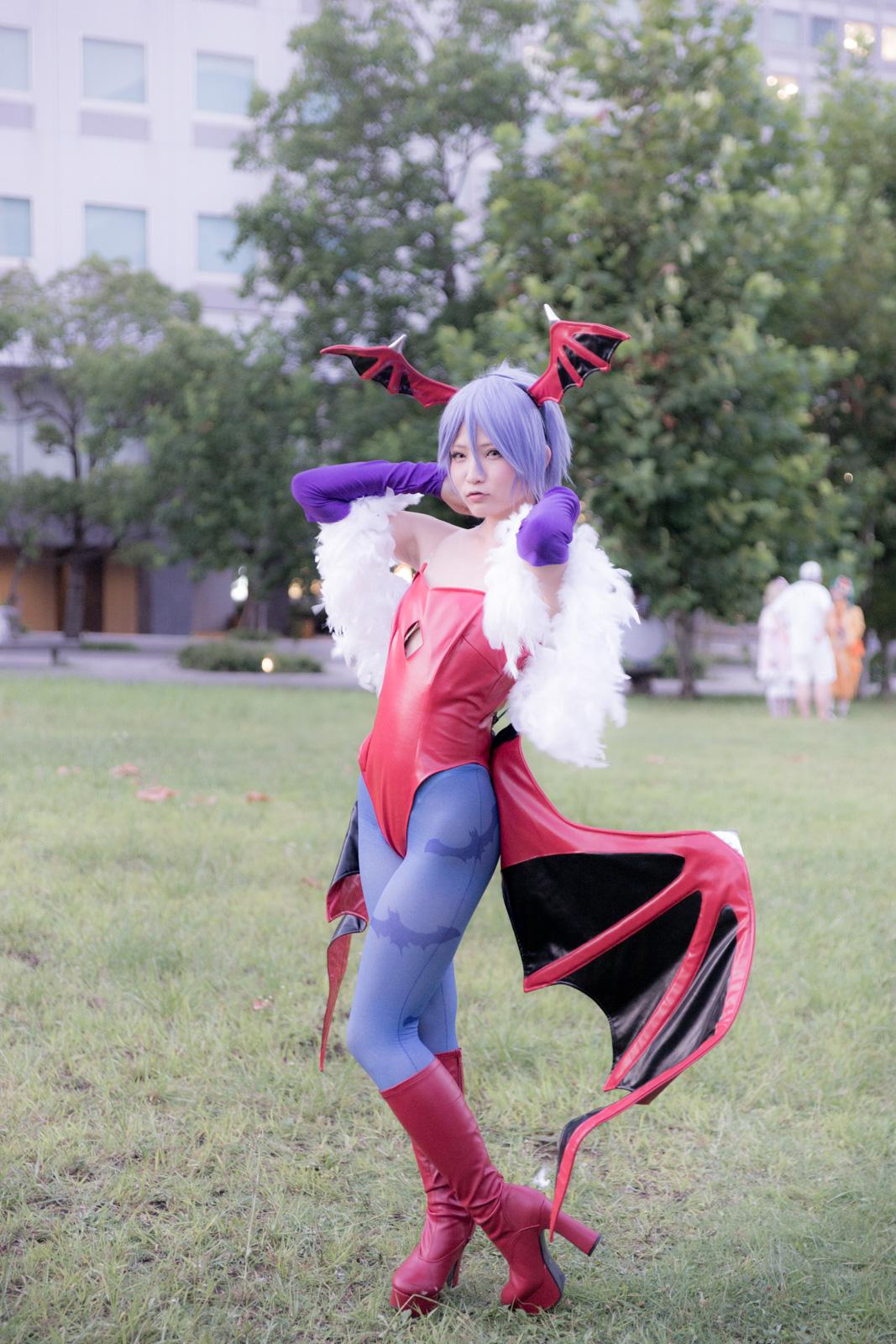 Safebooru - 1girl asian bare shoulders bat print bat wings boots capcom cosplay head wings high ...