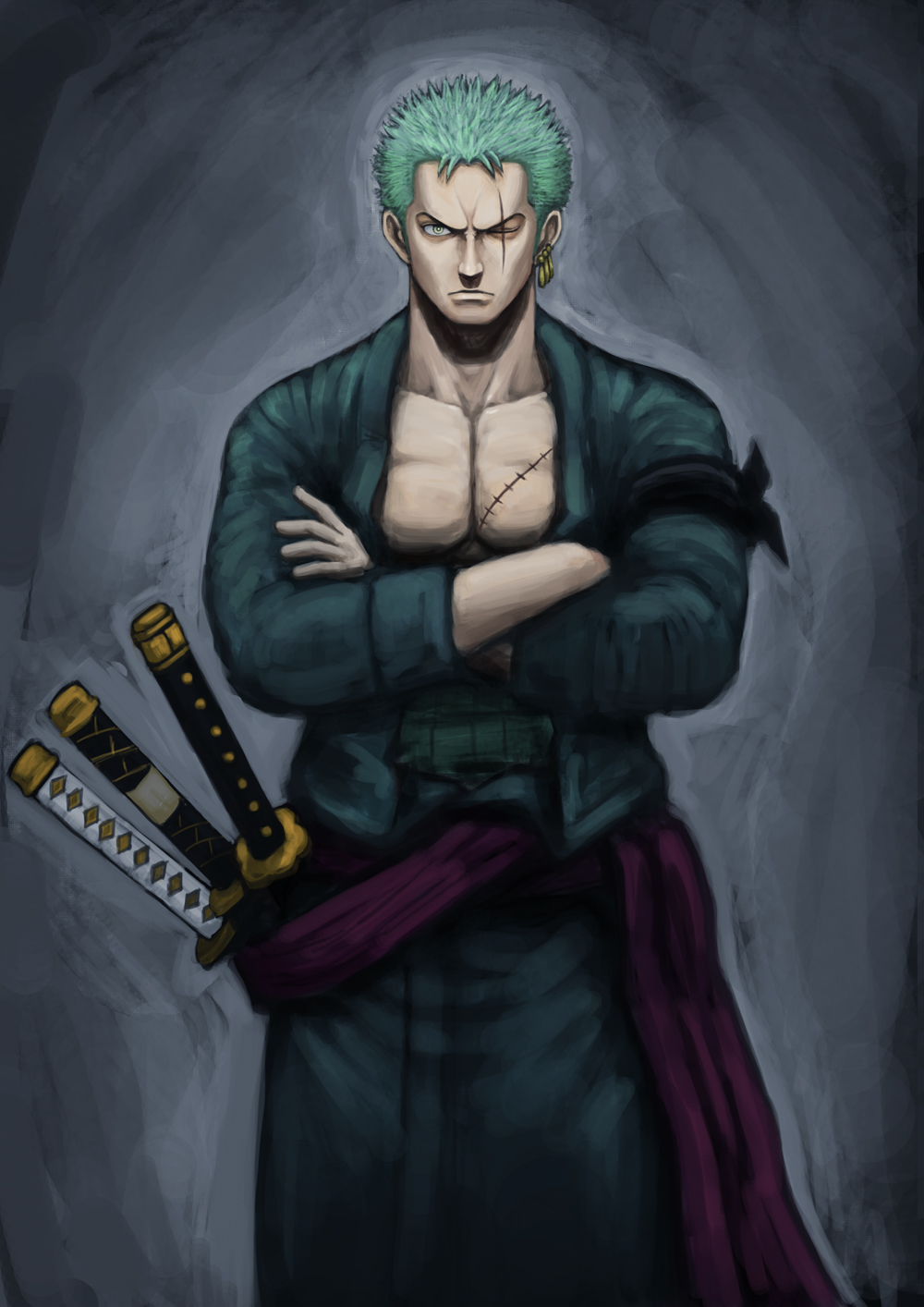 Safebooru - 1boy crossed arms green hair male focus one-eyed one piece ...
