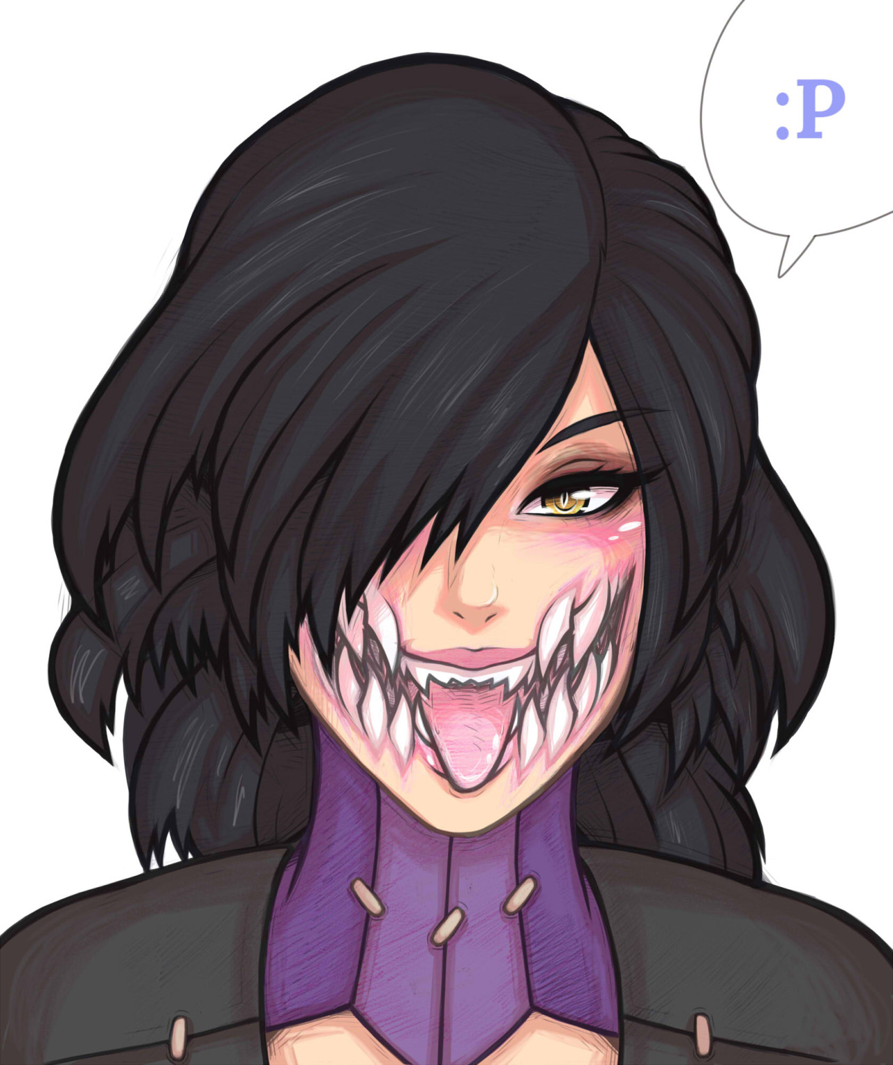 Safebooru - 1girl :p emoticon face fangs hair over one eye looking at ...