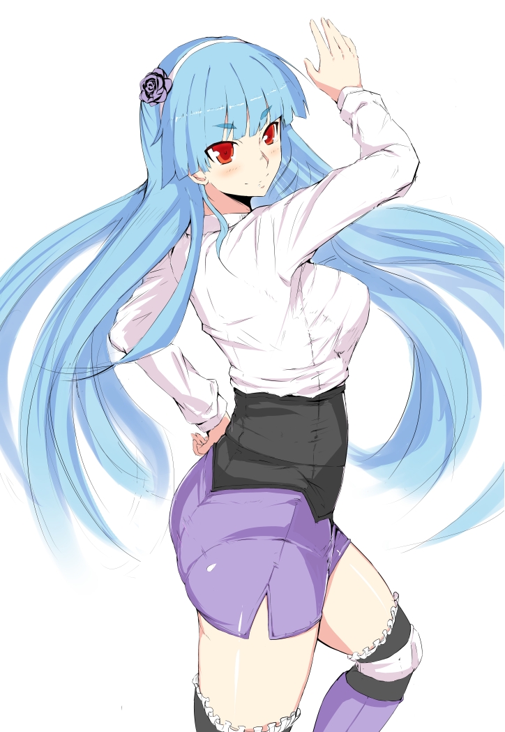 Safebooru - 1girl arm up ass back bangs blue hair blush breasts closed mouth cropped legs female ...