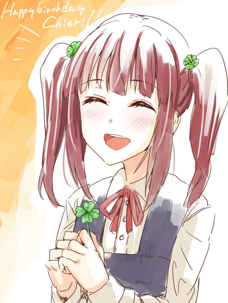 Safebooru - 1girl blush brown hair closed eyes clover english gradient gradient background ...