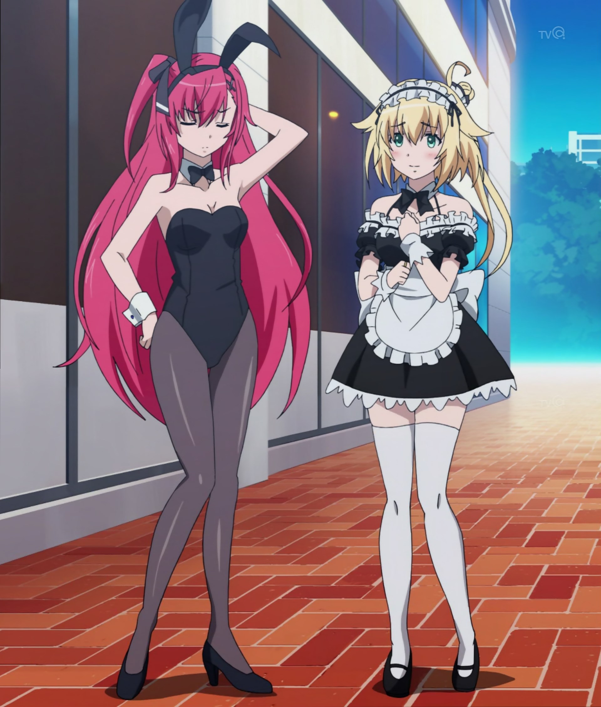 Safebooru - 2girls animal ears apron black legwear blonde hair blush bow bowtie breasts bunny ...