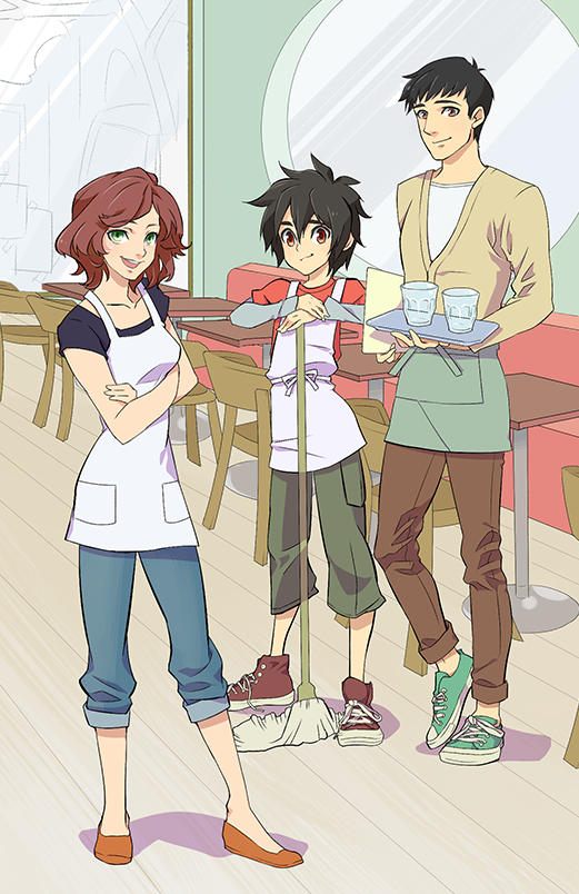 Safebooru - 1girl 2boys apron big hero 6 brothers cafe cass hamada ...