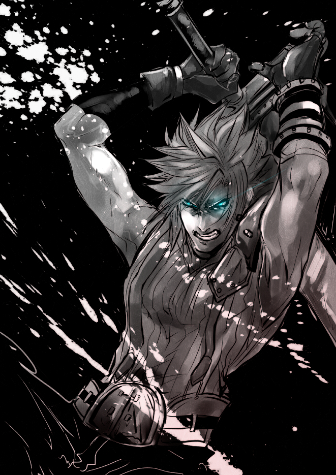 Safebooru - 1boy arms up blue eyes clenched teeth cloud strife final ...
