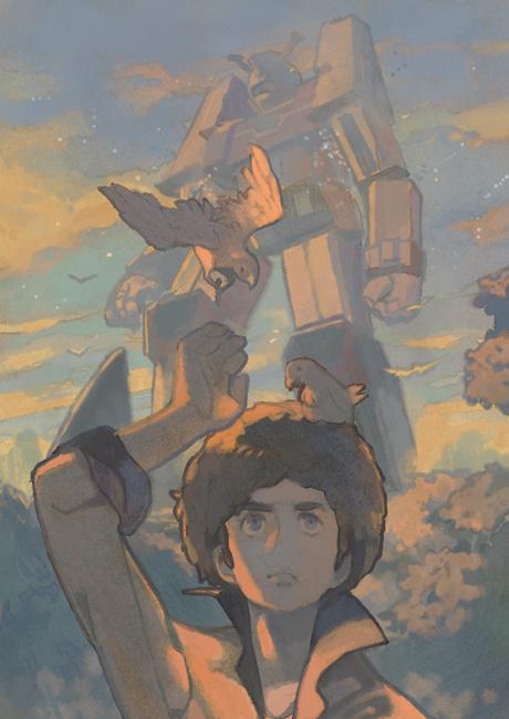 Safebooru - 1boy afro animal animal on head bird clouds cosmo yuki ...