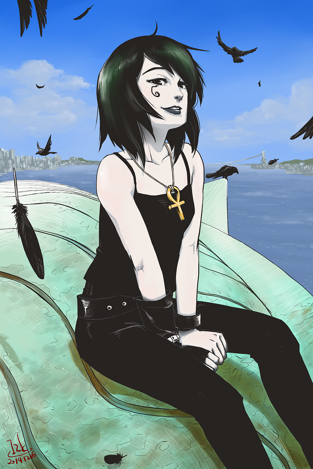 Safebooru - 10s 1girl 2014 ankh bird black eyes black hair black ...