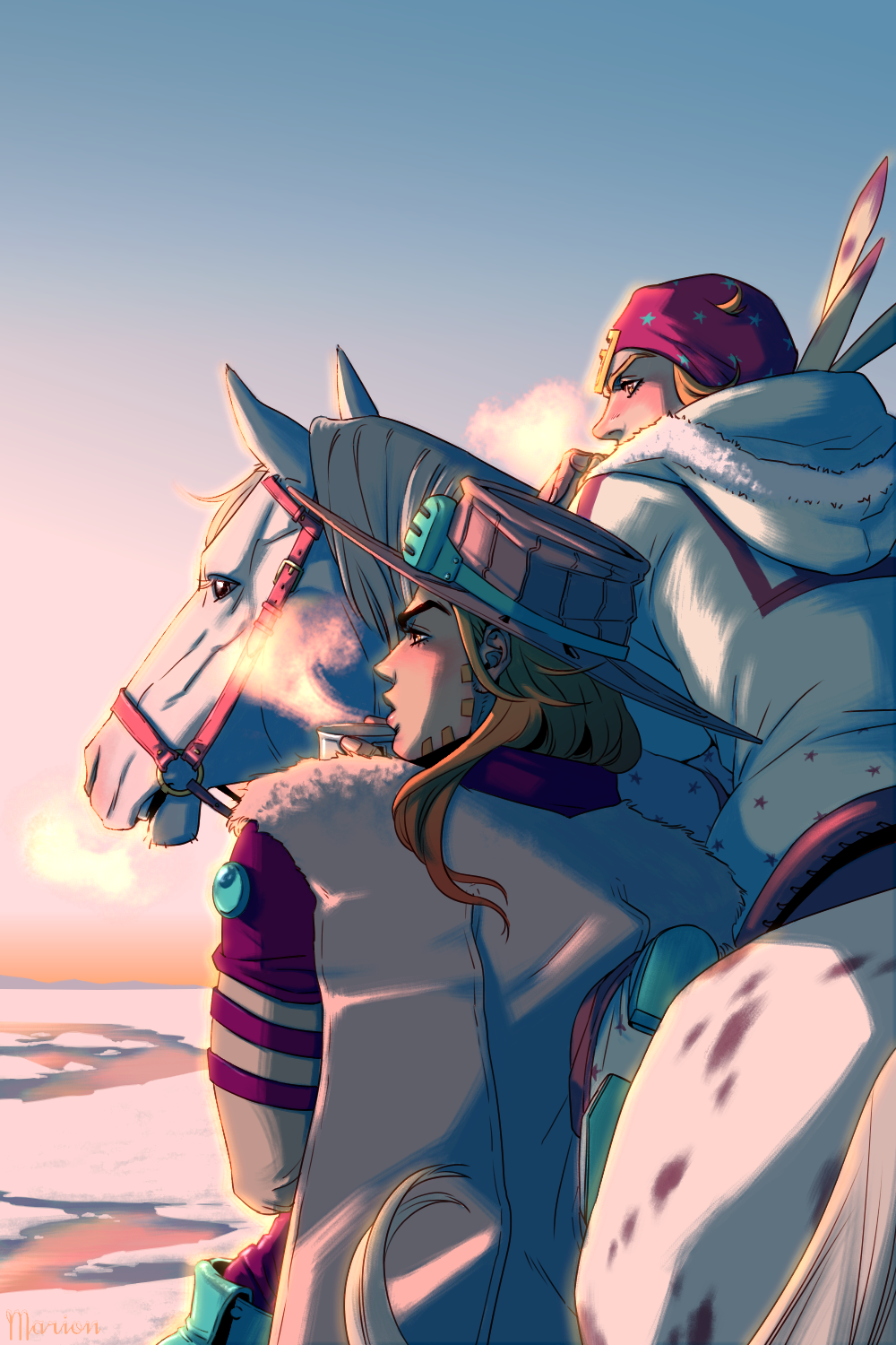 Safebooru - 2boys artist name belt blonde hair breath cowboy hat cup facial mark feathers from ...