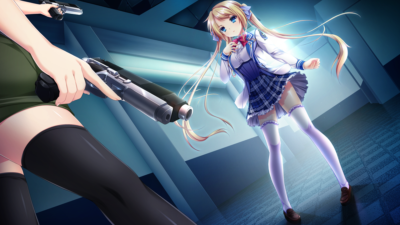 Safebooru - 2girls black legwear blonde hair blue eyes bow bowtie breasts feet game cg gun hair ...