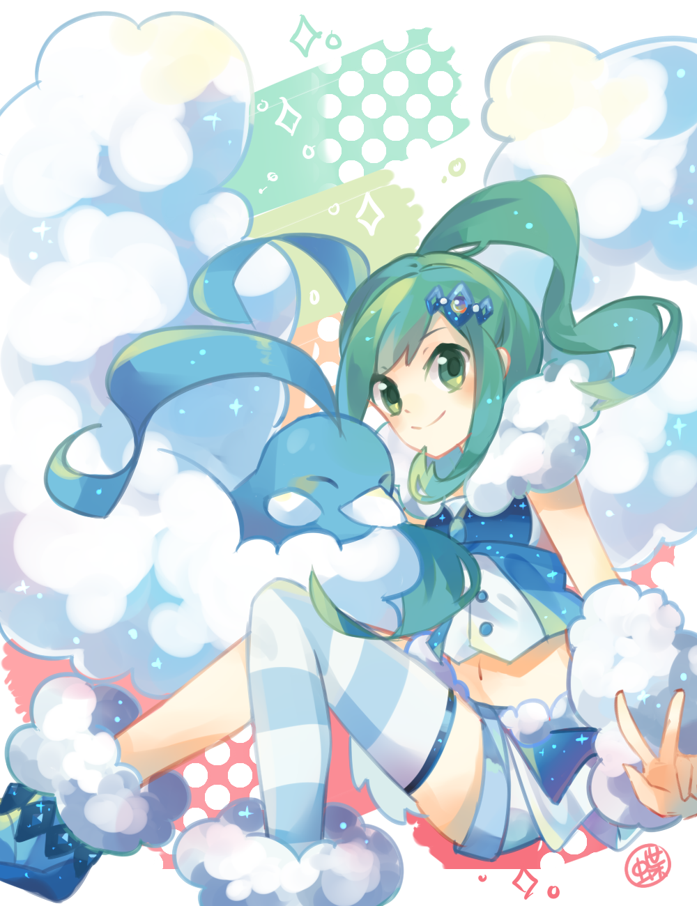 Safebooru - 10s 1girl altaria female green eyes green hair long hair ...