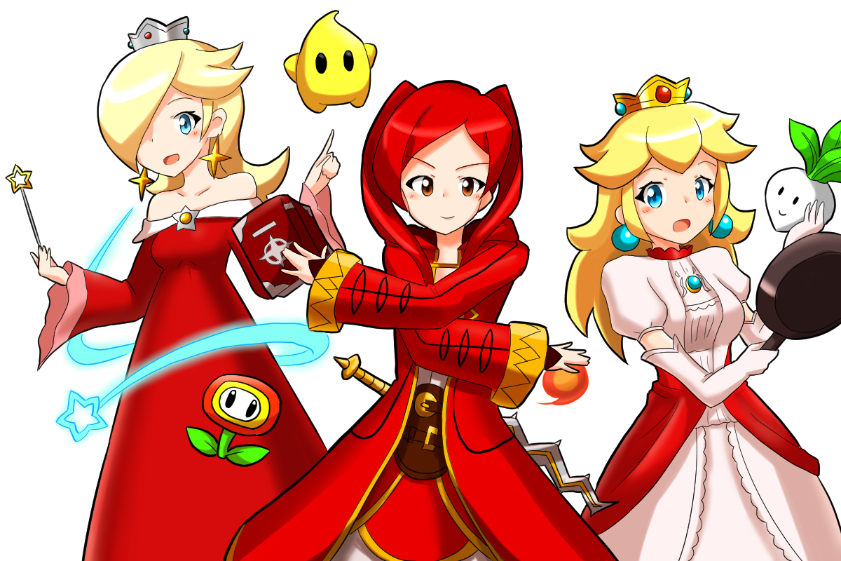 Safebooru - 3girls alternate color book chiko (mario) crown dress fire ...