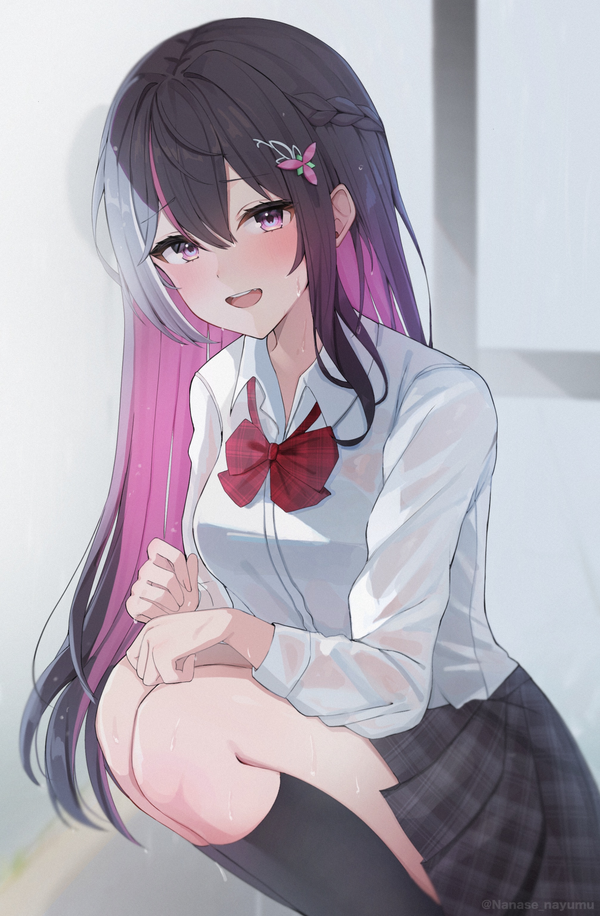 Safebooru - 1girl :d absurdres alternate costume azki (hololive) black hair black skirt black ...