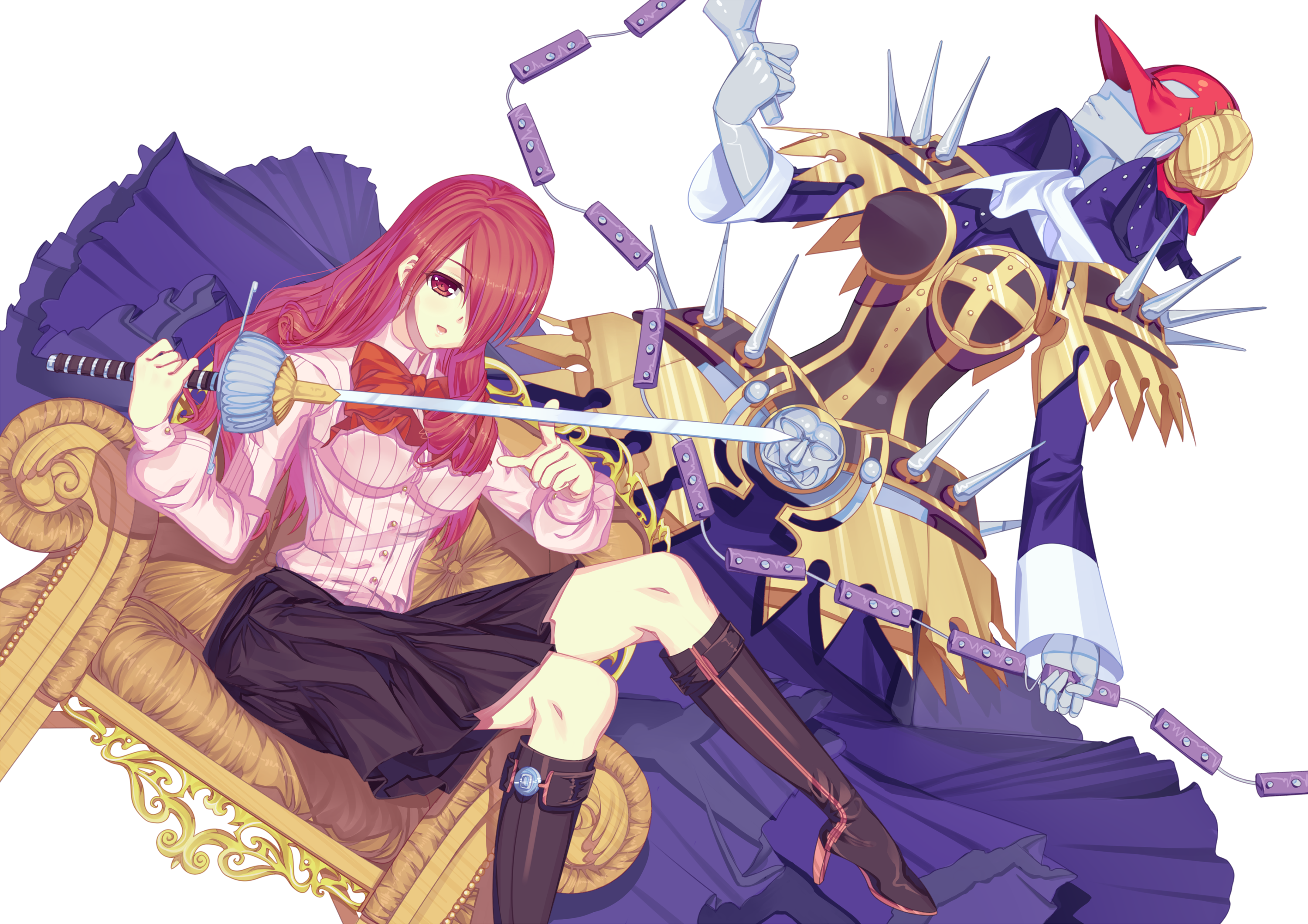 Safebooru - artemisia (megami tensei) boots chair cravat hair over one ...