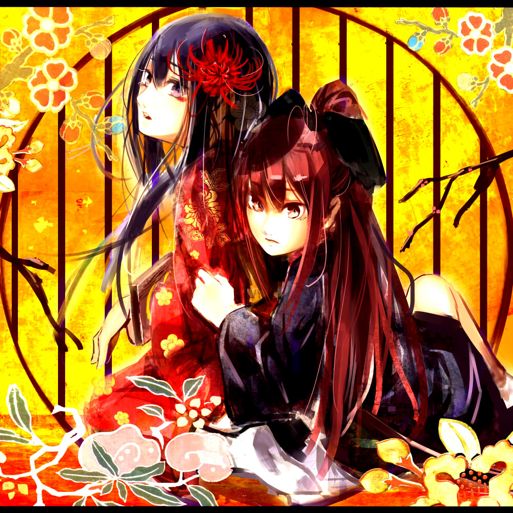 Safebooru - 2girls akemi homura alternate costume black hair flower hair ribbon japanese clothes ...