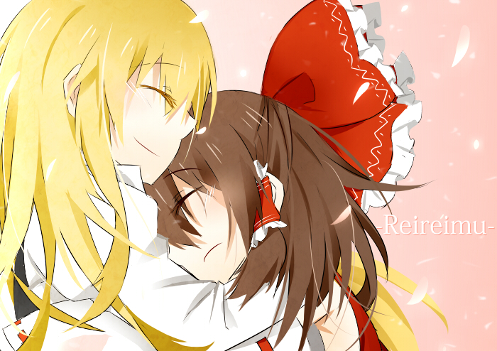 Safebooru - 2girls blonde hair bow brown eyes closed eyes hakurei reimu hug katori (quietude ...