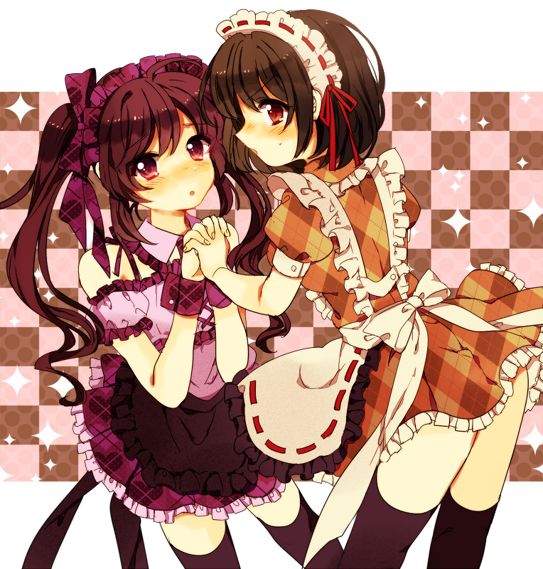 Safebooru - 2girls alternate costume apron argyle bare shoulders black legwear brown eyes brown ...
