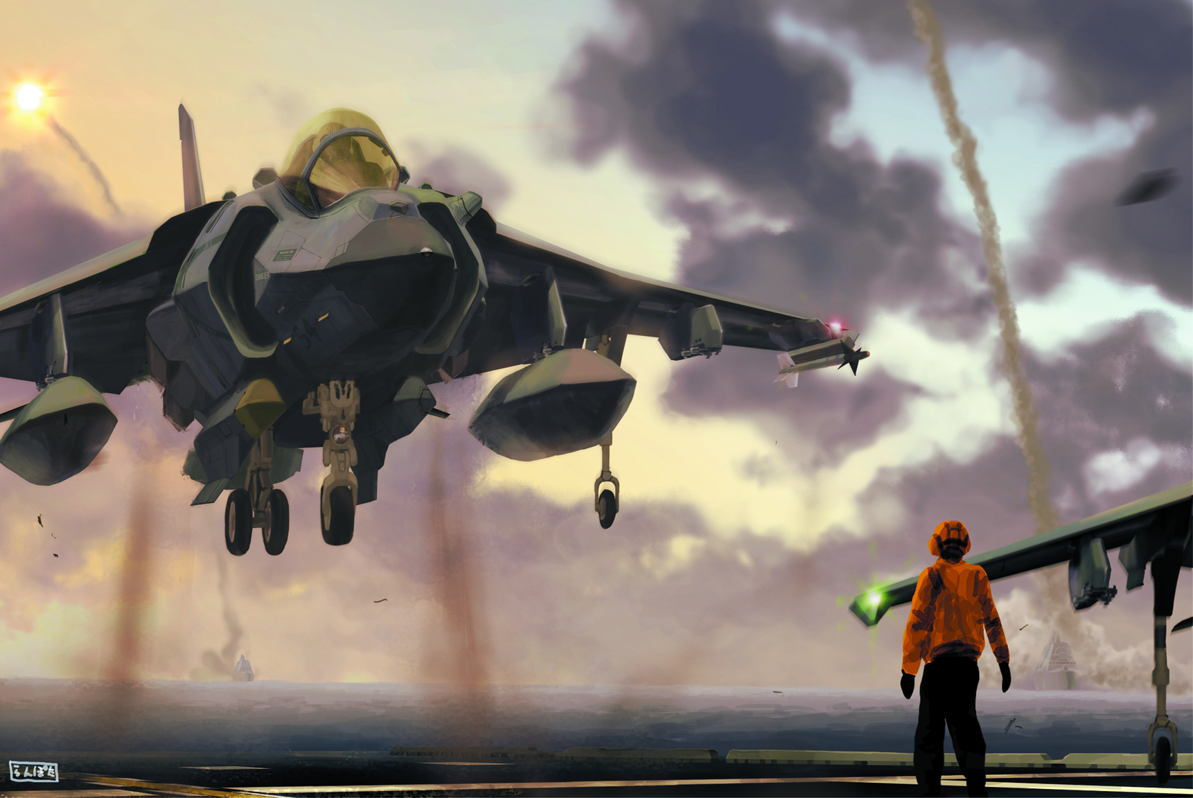 Safebooru - 1boy aircraft aircraft carrier airplane bomb clouds cloudy ...