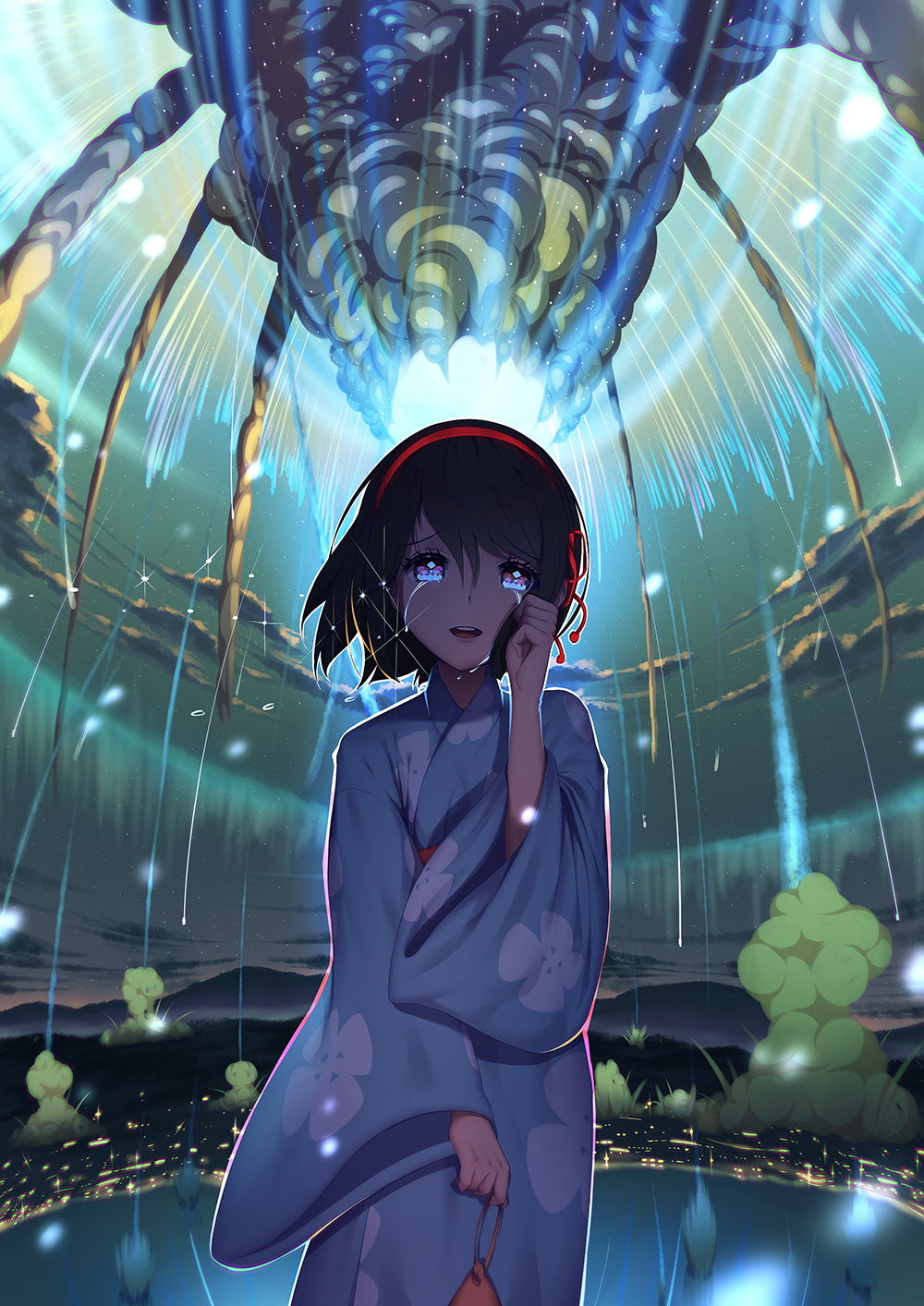 Safebooru - 1girl black hair comet destruction glowing hair ribbon ...