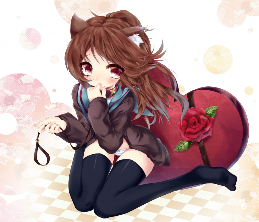 Safebooru - 1girl animal ears bad id black legwear brown eyes brown hair cardigan cat ears ...