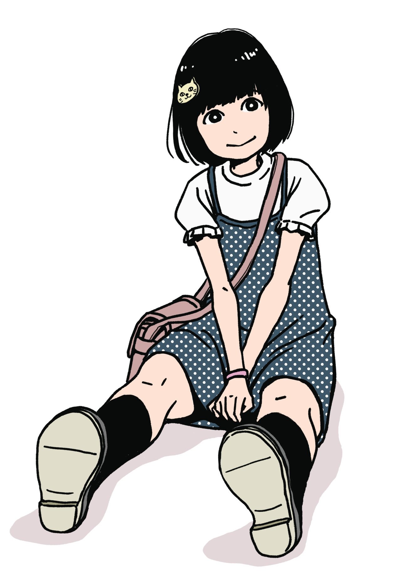 Safebooru - 1girl :> bag bangs black eyes black hair black legwear blunt bangs bracelet cat hair ...