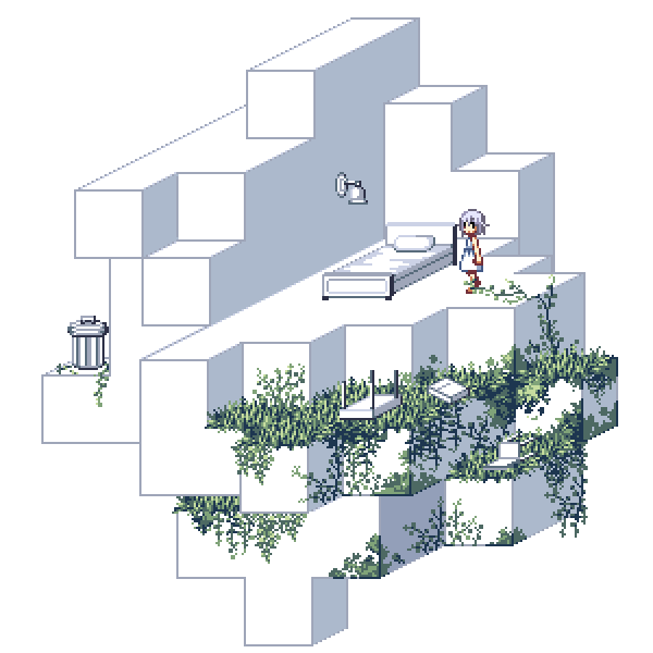 Safebooru 1girl Abstract Bed Chair Lamp Overgrown Pixel Art Solo 8267