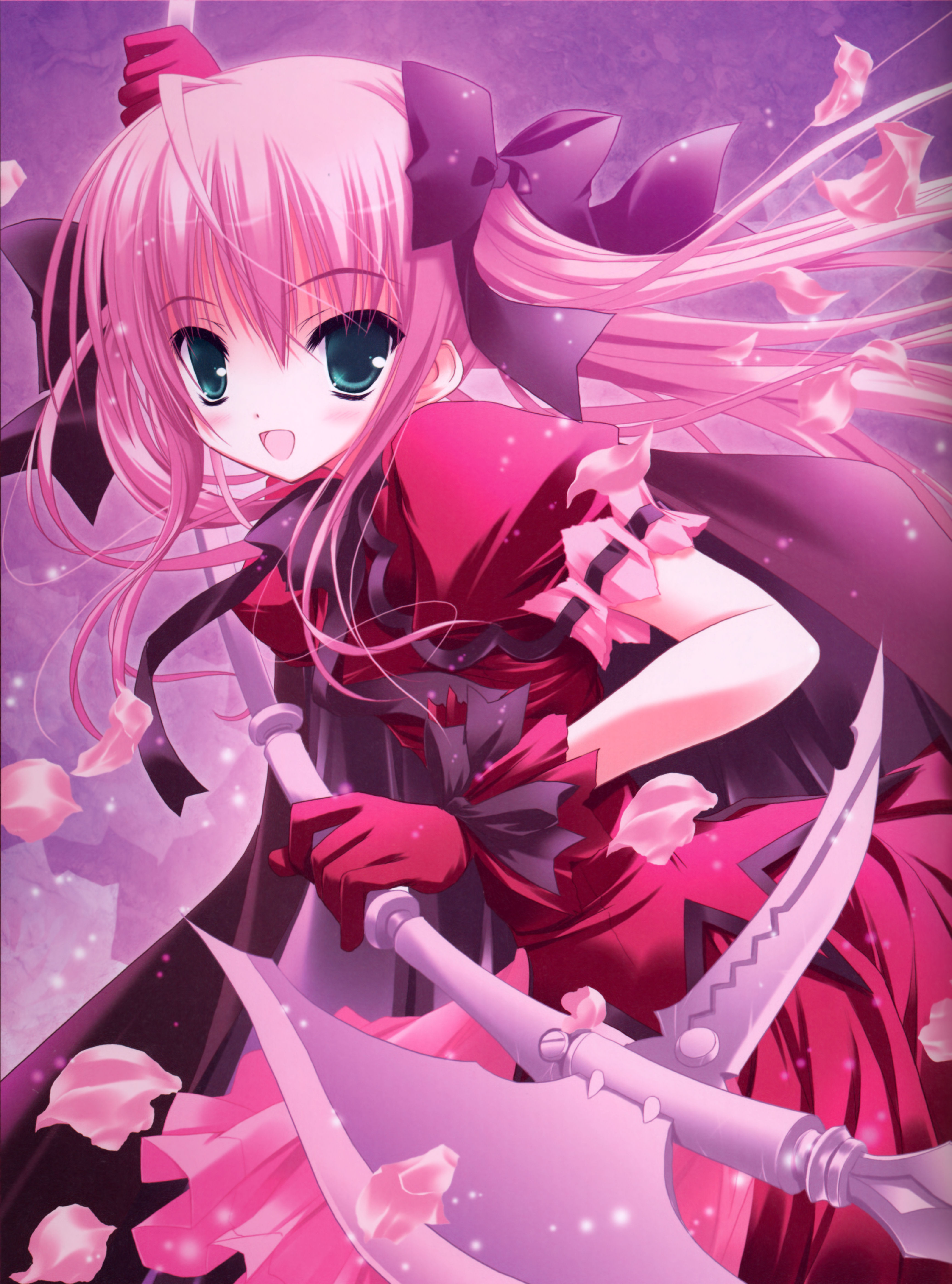 Safebooru - absurdres green eyes hair ribbon halberd highres petals ...