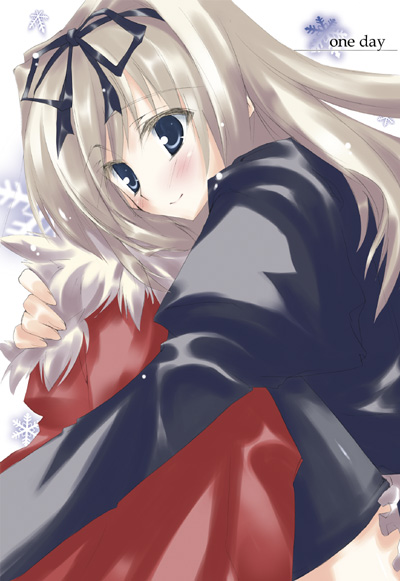 Safebooru - 1girl black legwear black ribbon black skirt blonde hair blue eyes blush hair ribbon ...