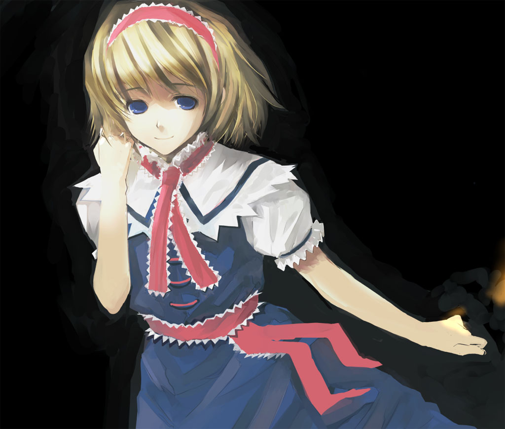 Safebooru - 1girl adjusting hair alice margatroid black background blonde hair blue eyes faux ...