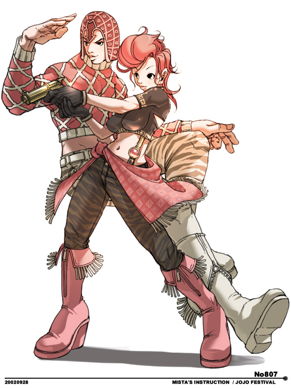 Safebooru - 1boy 1girl arrow belt black eyes boots falcoon full body guido mista gun handgun hat ...