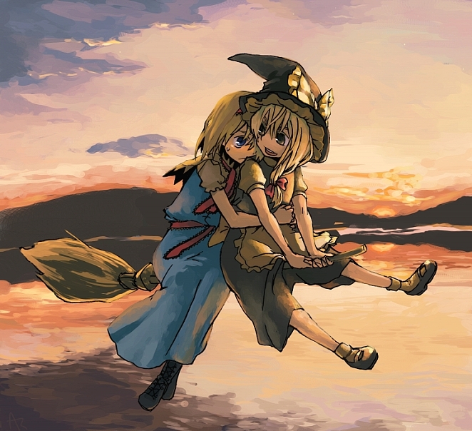 Safebooru - 2girls alice margatroid blonde hair broom broom riding clouds female flying hat ...