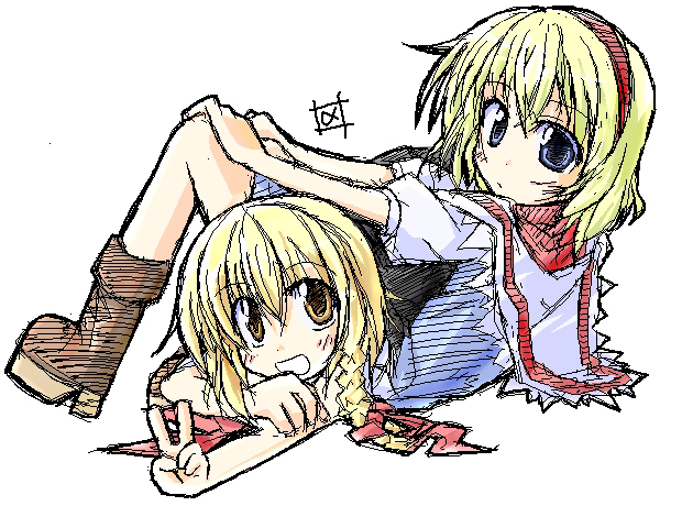 Safebooru - 2girls :d alice margatroid apron blonde hair blue eyes female grin happy go lucky ...