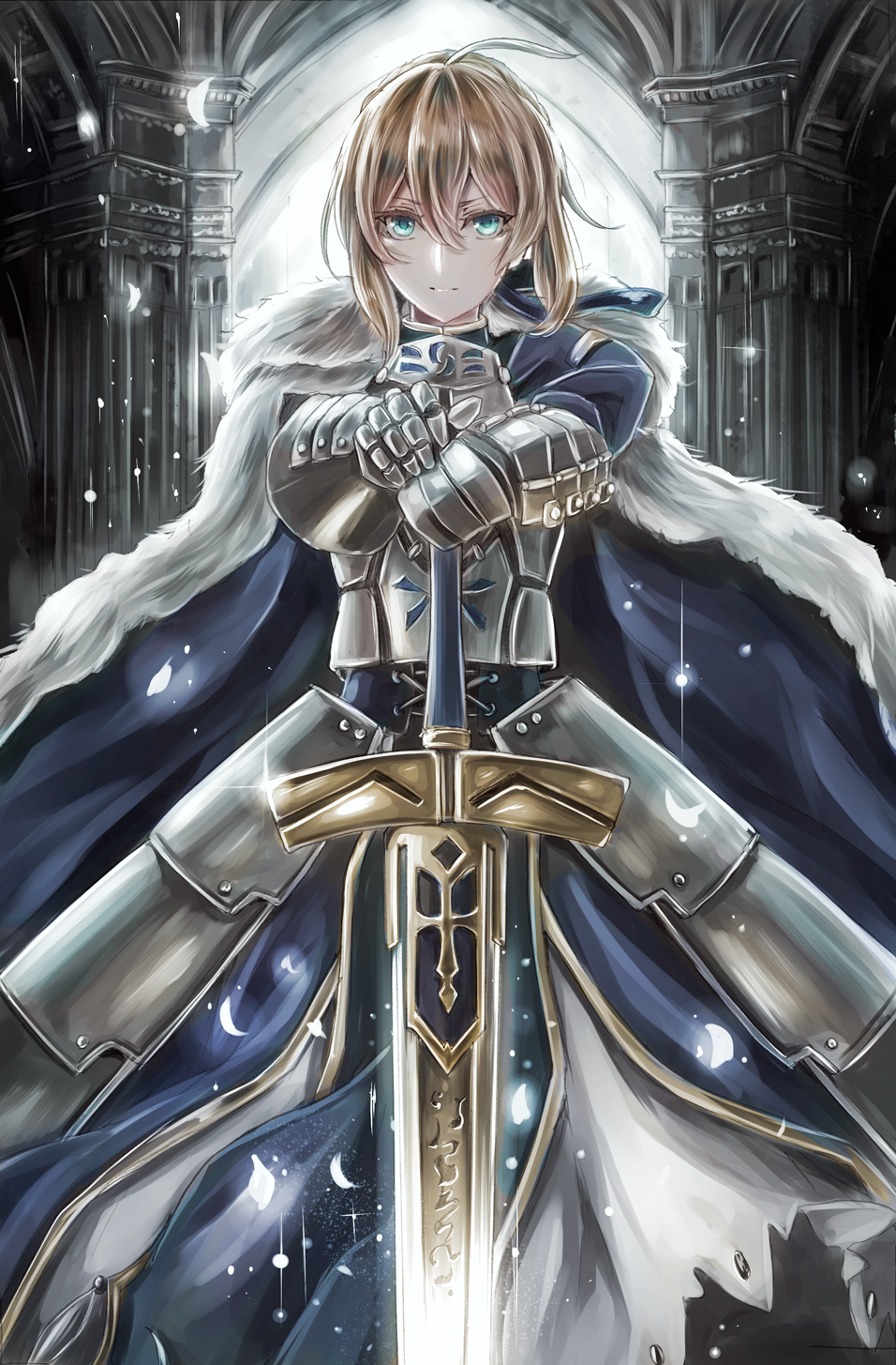 Safebooru - >:) 1girl ahoge armor armored boots blonde hair blue eyes boots cape closed mouth ...